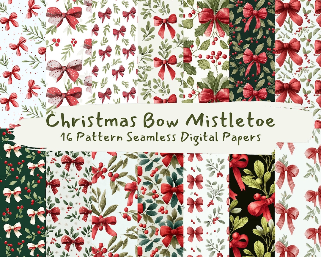 Christmas Bow Mistletoe Pattern Seamless Digital Papers - Printable ...
