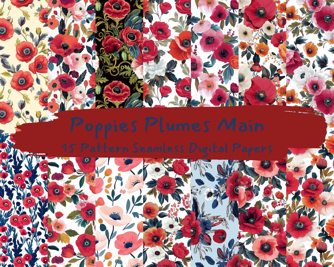 Poppies Plumes Main Pattern Seamless Digital Papers - Printable ...