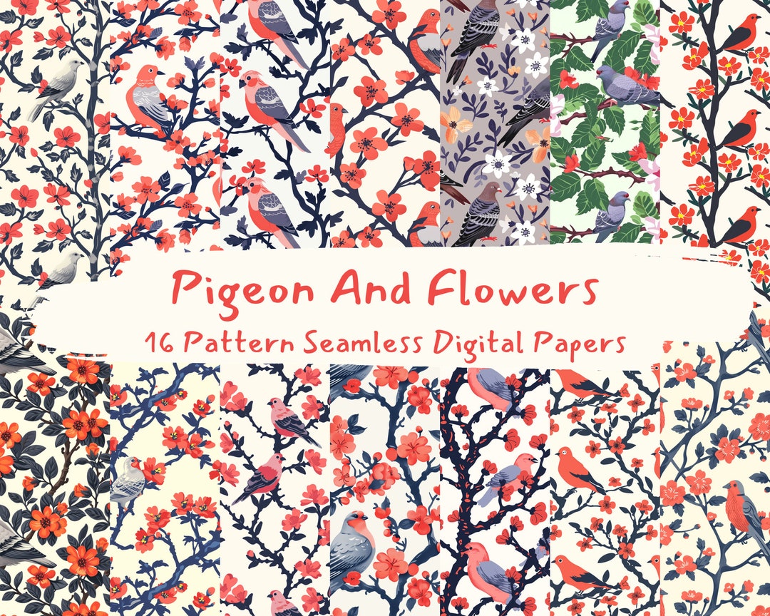 Pigeon and Flowers Pattern Seamless Digital Papers - Printable ...