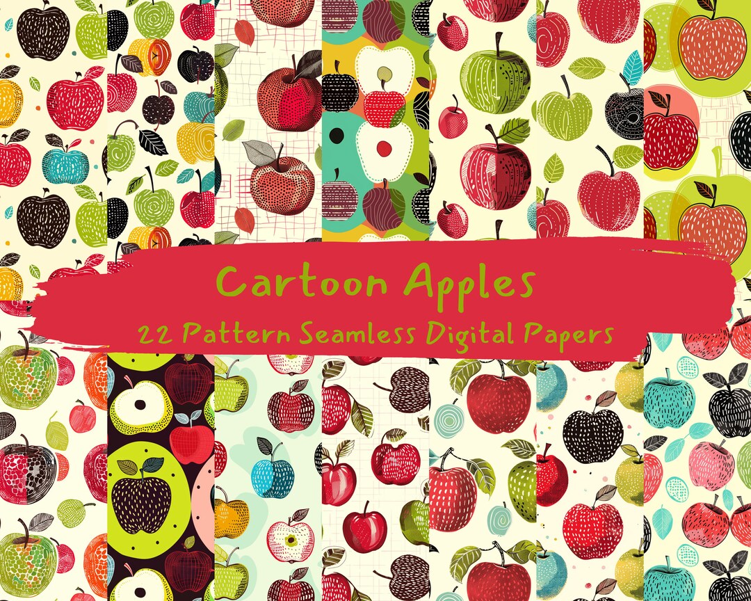 Cartoon Apples Pattern Seamless Digital Papers - Printable Scrapbook ...