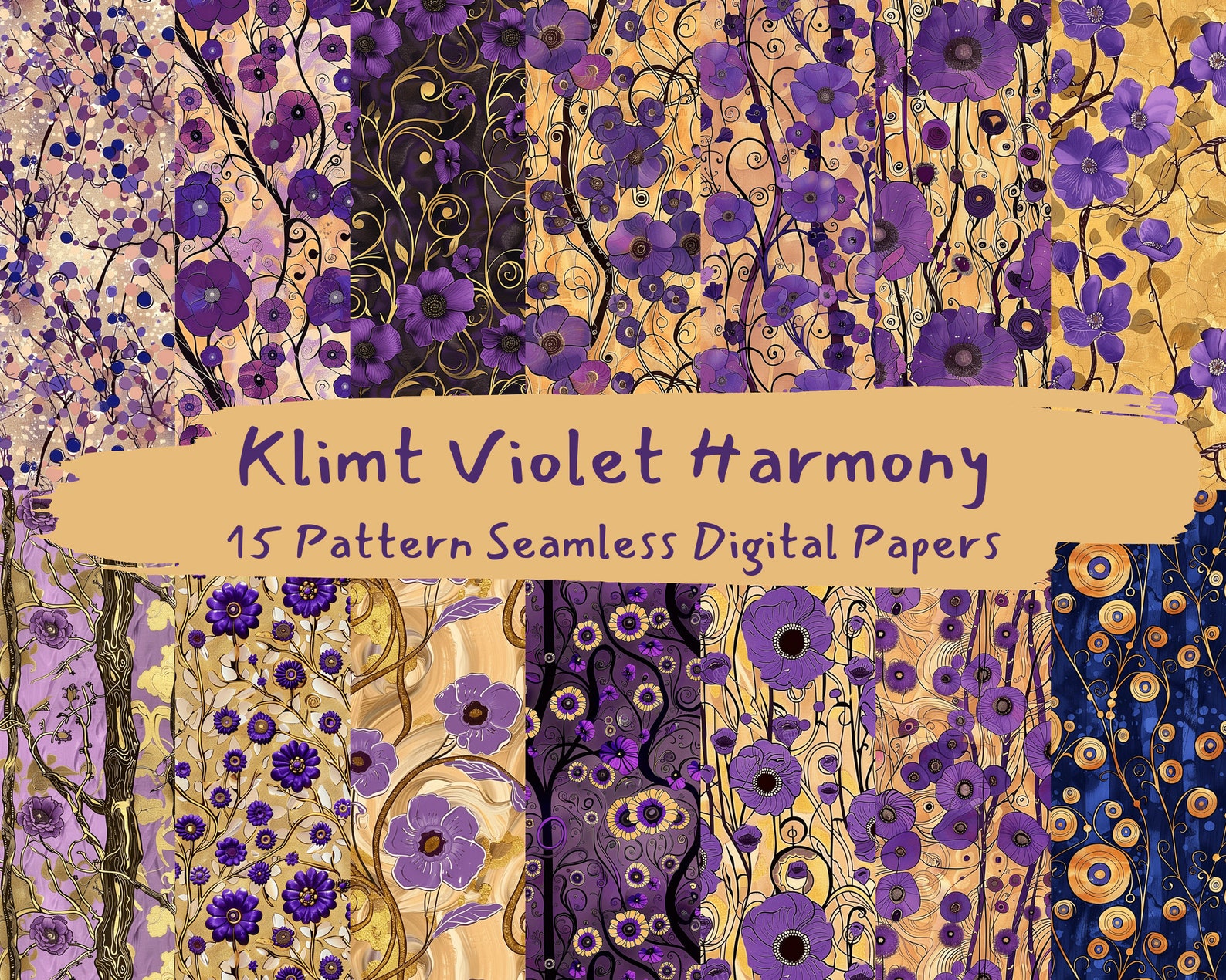 Klimt Violet Harmony Pattern Seamless Digital Papers Printable Scrapbook Paper Png Instant ...