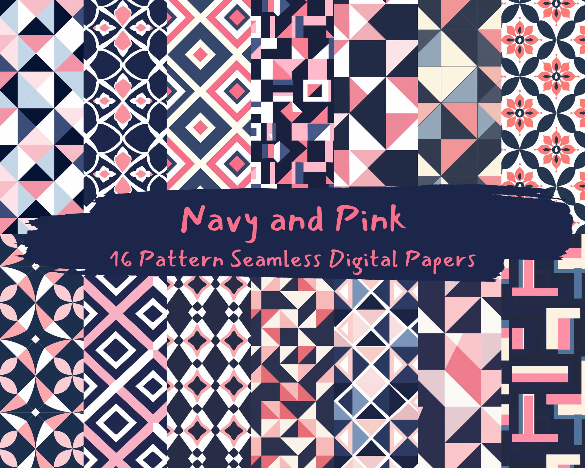 Navy and Pink Pattern Seamless Digital Papers Printable Scrapbook Paper ...