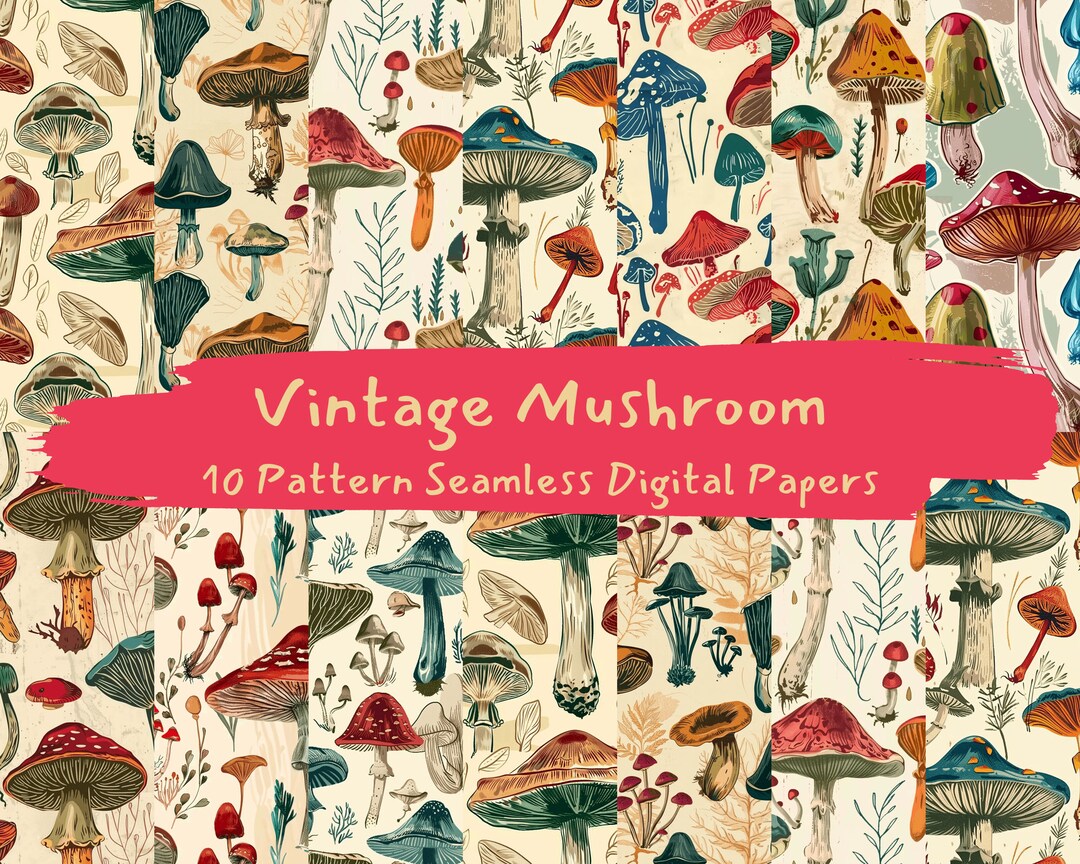 Vintage Mushroom Pattern Seamless Digital Papers - Printable Scrapbook ...