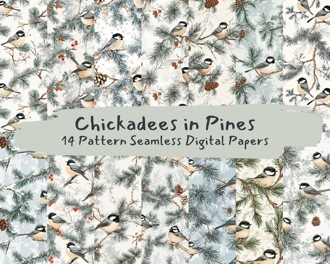 Chickadees in Pines Pattern Seamless Digital Papers Printable Scrapbook ...