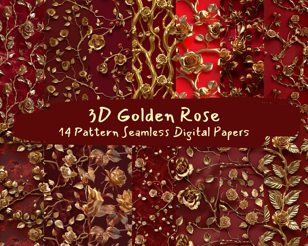 3D Golden Rose Pattern Seamless Digital Papers - Printable Scrapbook ...