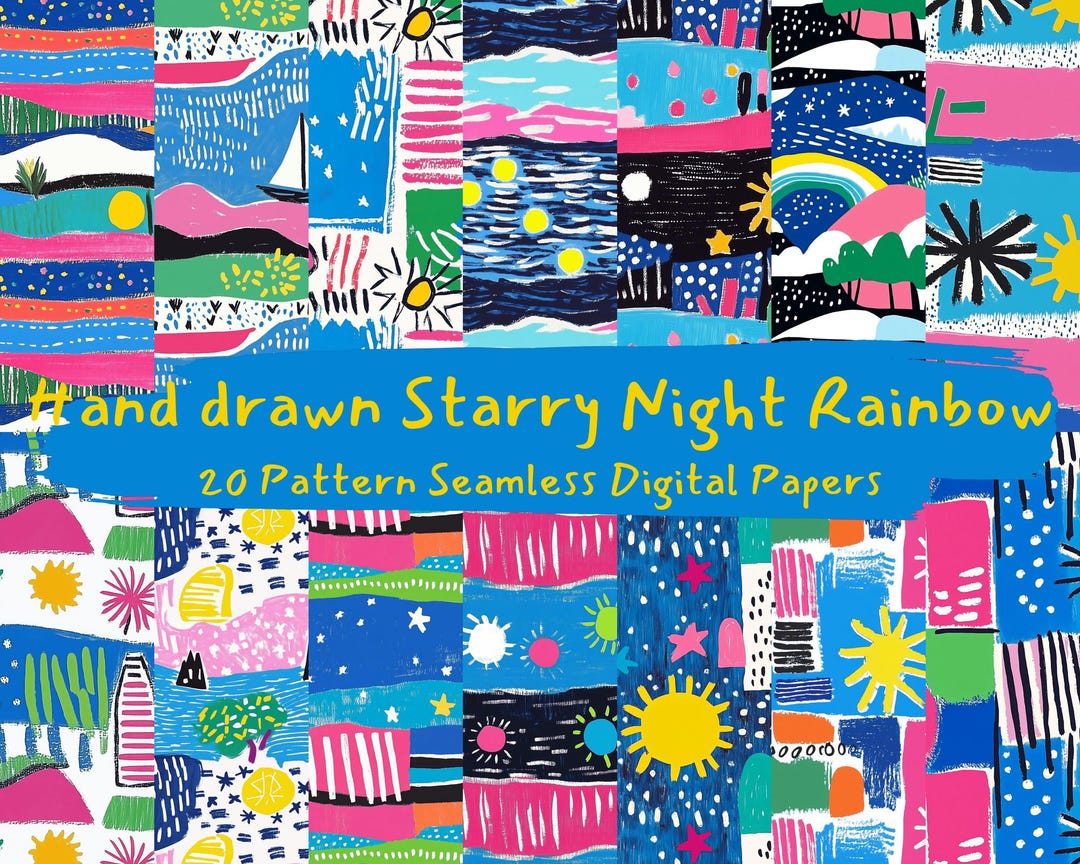 Hand Drawn Starry Night Rainbow Pattern Seamless Digital Papers ...