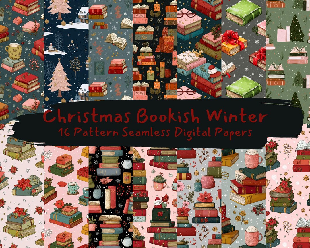 Christmas Bookish Winter Pattern Seamless Digital Papers - Printable ...