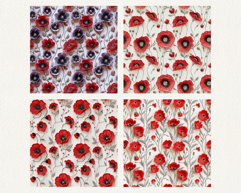 Silver Poppy Flowers Pattern Seamless Digital Papers Printable ...
