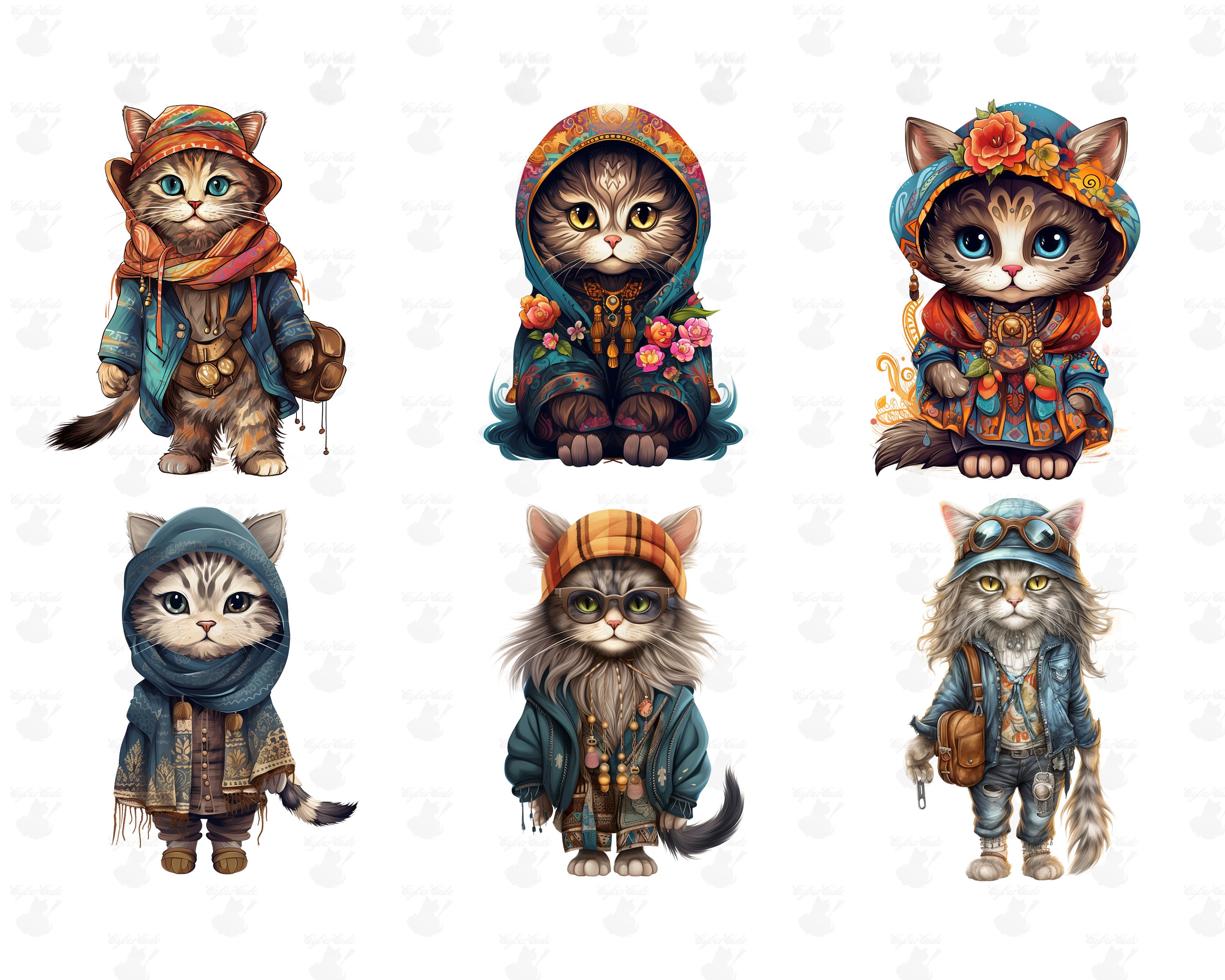 Bohemian Cat, Digital Printable Clip Art Graphics in PNG Format ...