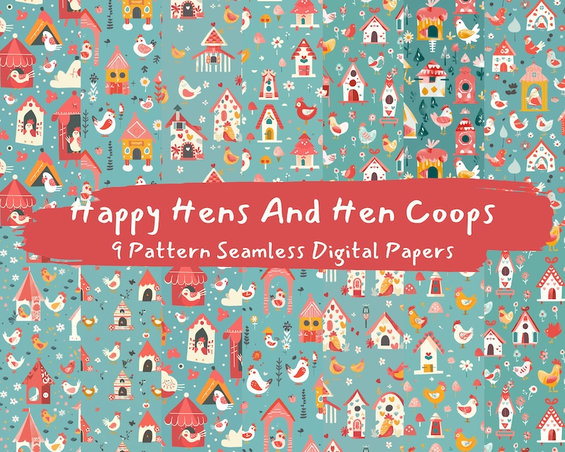 Happy Hens and Hen Coops Pattern Seamless Digital Papers - Printable ...