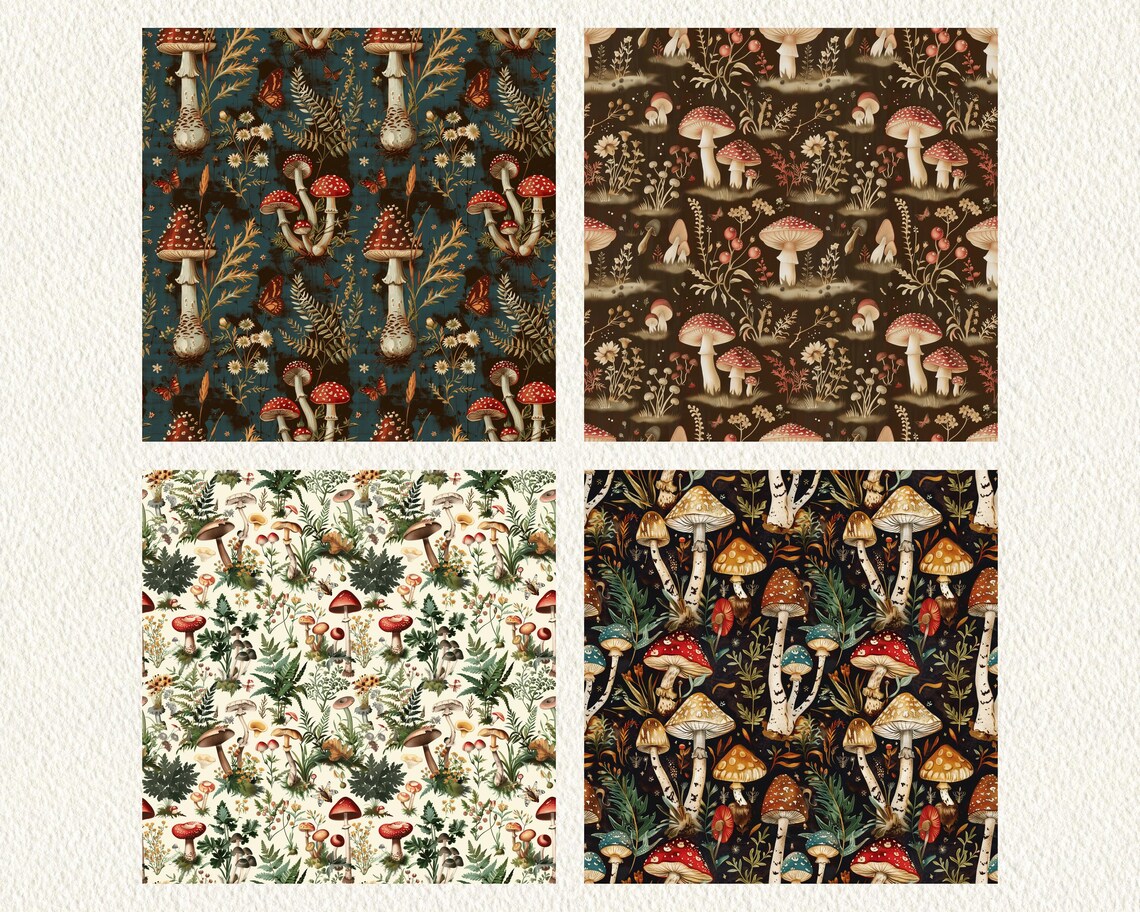 Botanical Mushrooms Pattern Seamless Digital Papers - Printable ...