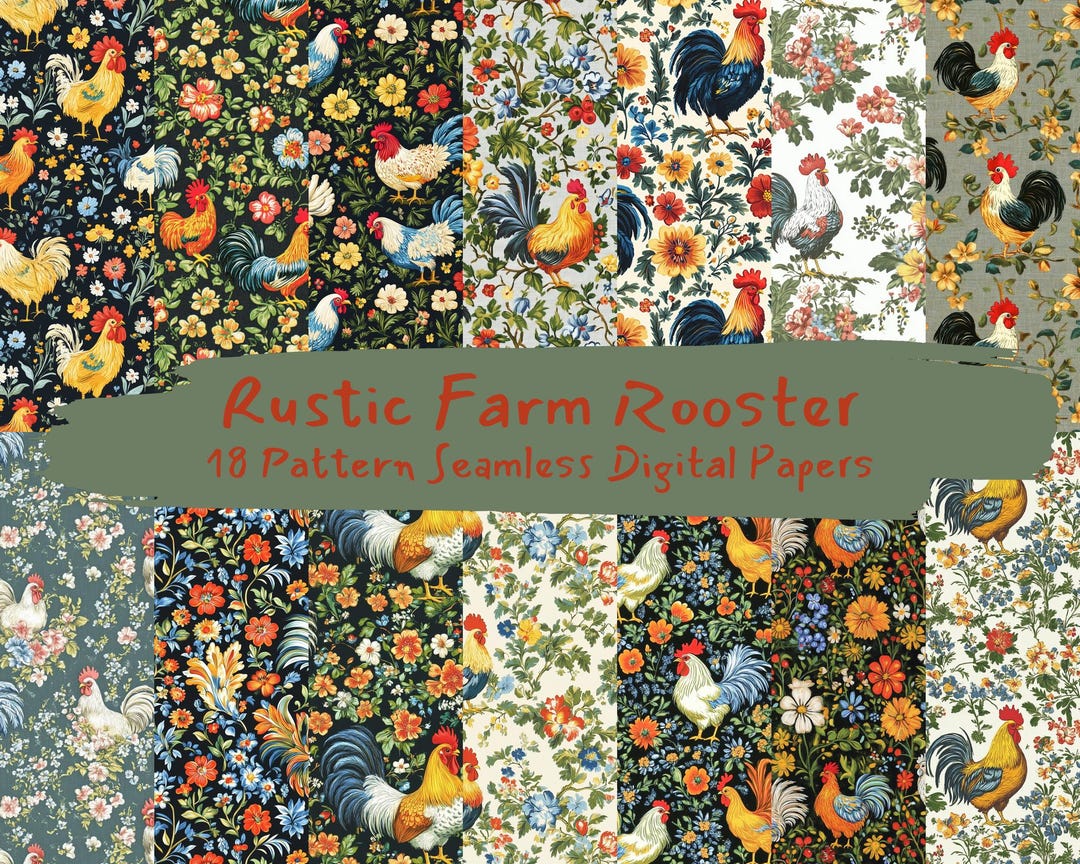 Rustic Farm Rooster Pattern Seamless Digital Papers - Printable ...