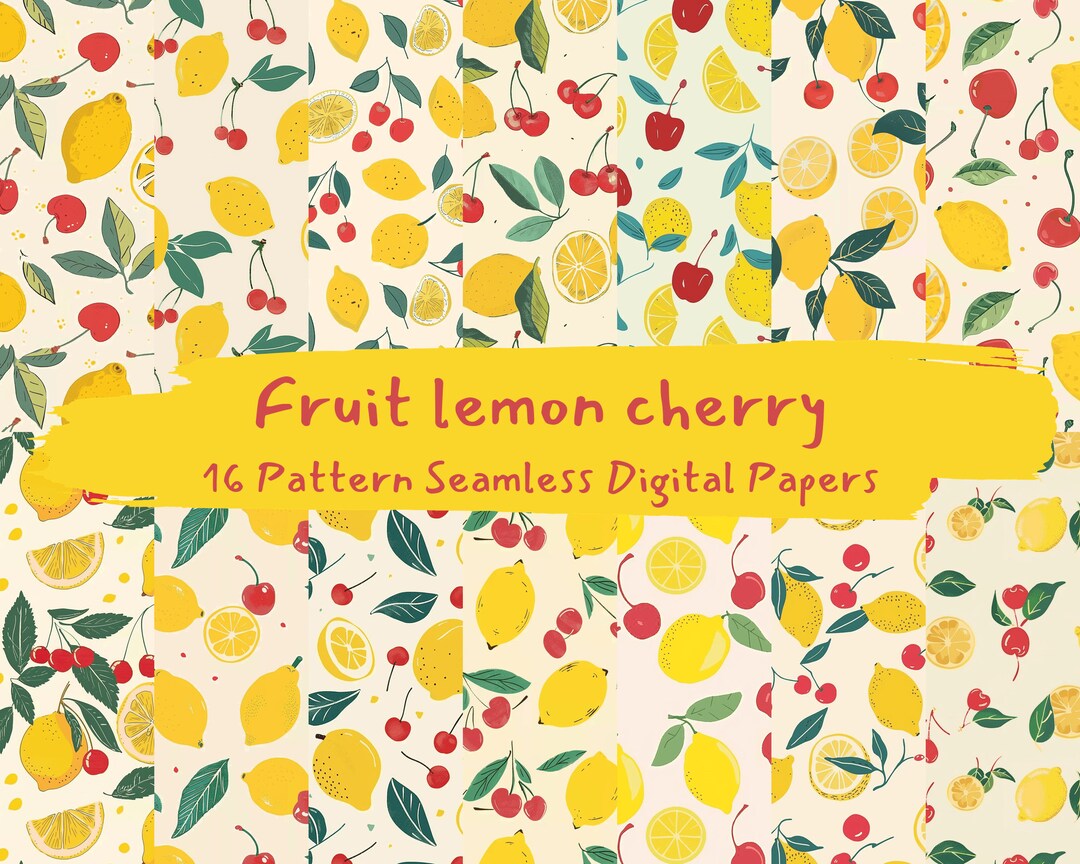 Fruit Lemon Cherry Pattern Seamless Digital Papers - Printable ...