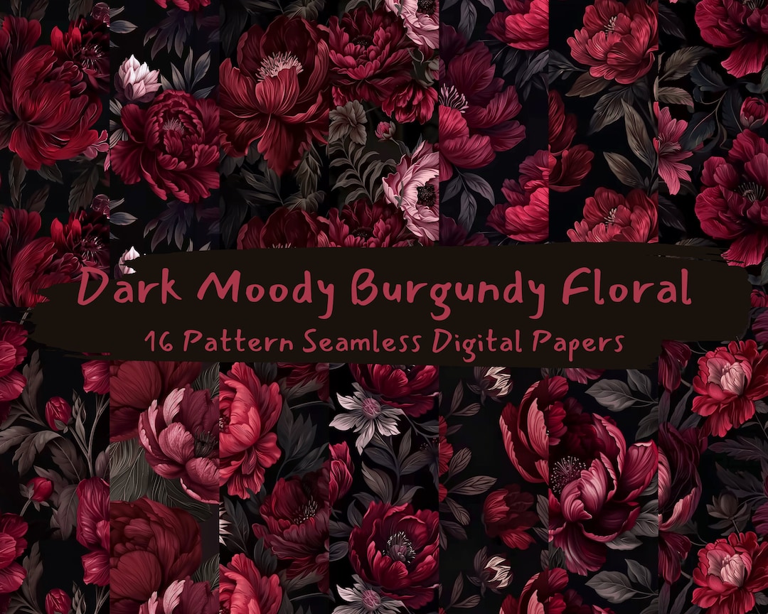 Dark Moody Burgundy Floral Pattern Seamless Digital Papers - Printable ...