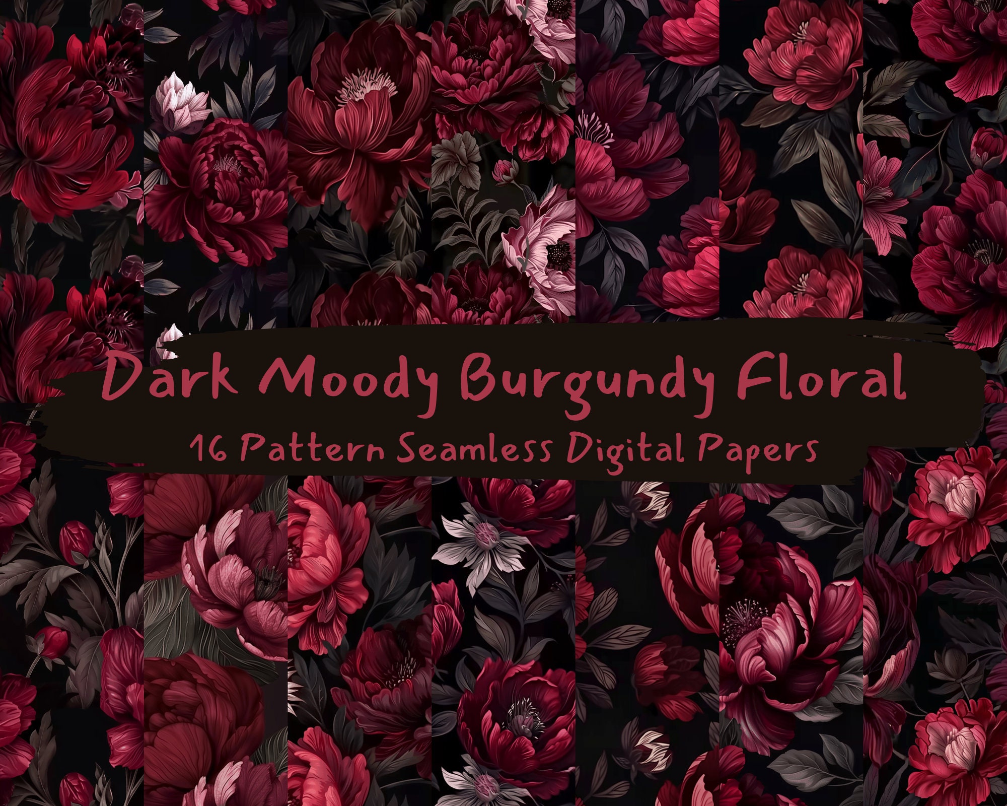 Dark Moody Burgundy Floral Pattern Seamless Digital Papers - Printable ...