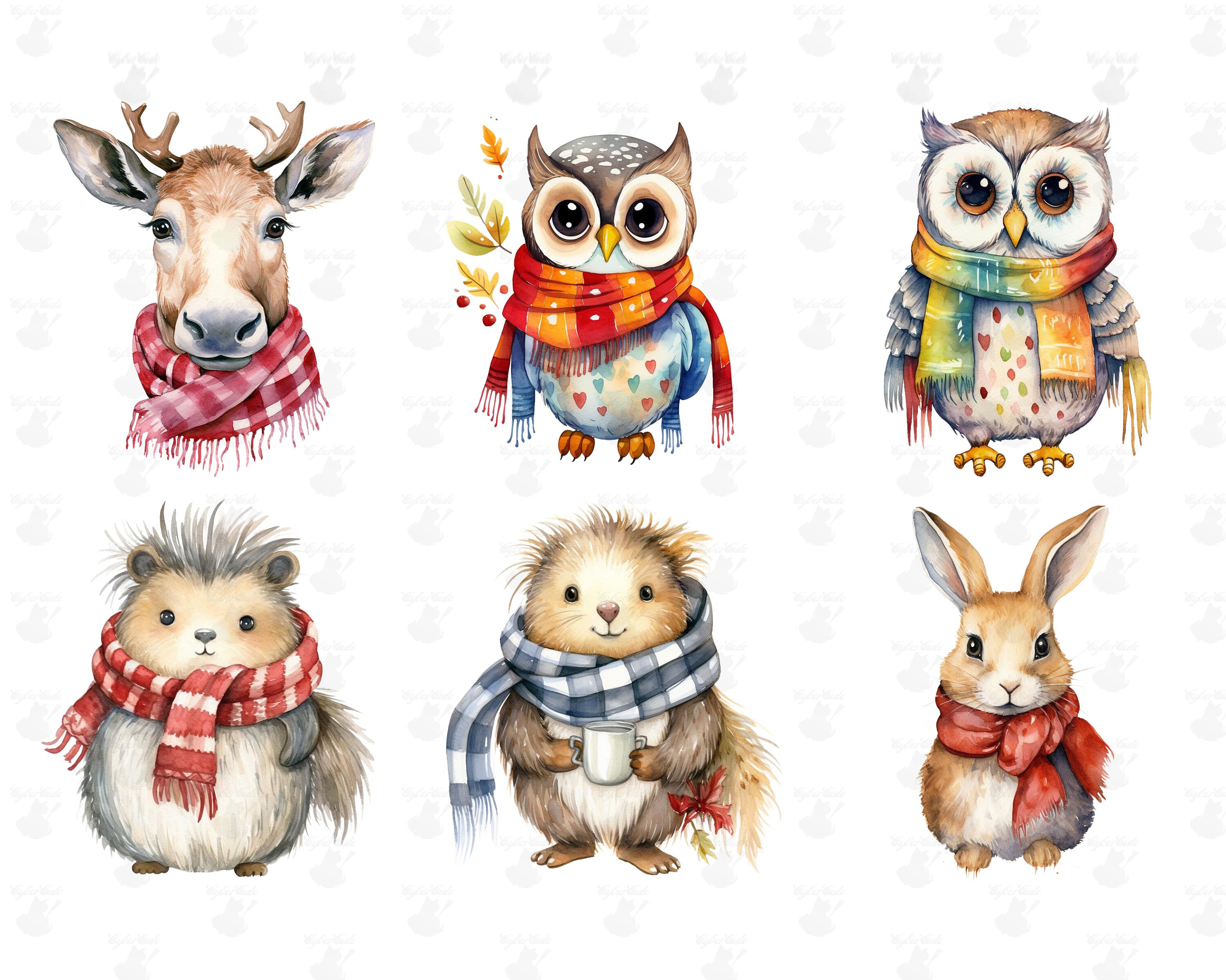 Cute Animals Scarf, Winter, Fall, Autumn, Digital Printable Clip Art ...
