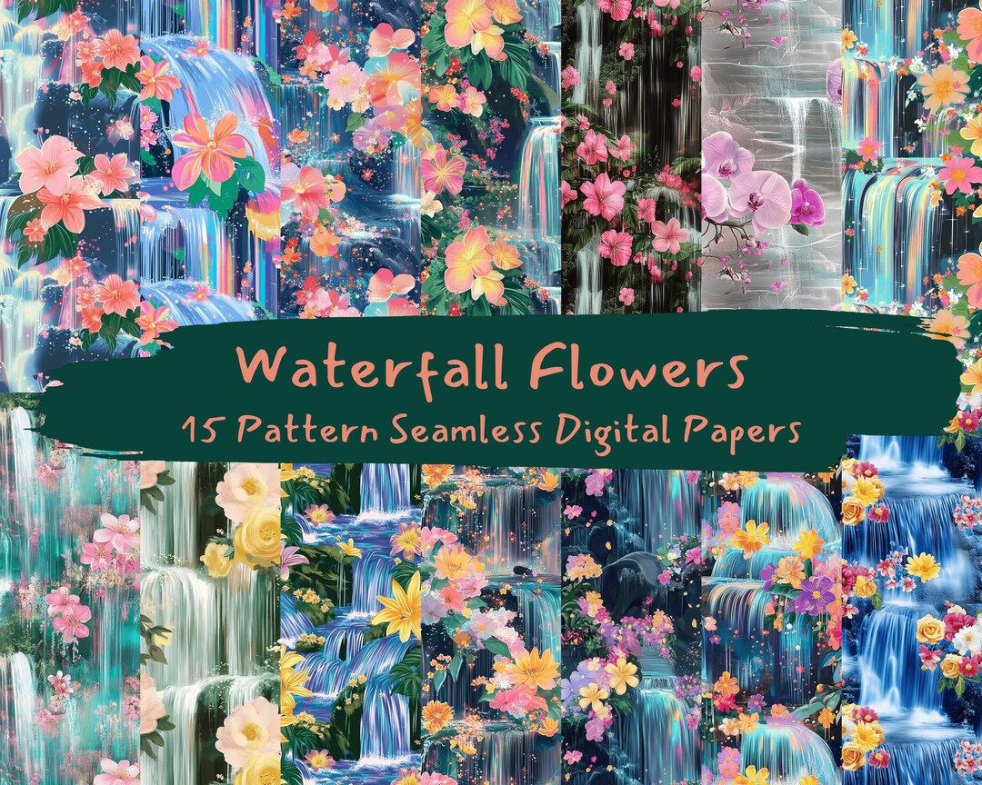 Waterfall Flowers Pattern Seamless Digital Papers - Printable Scrapbook ...