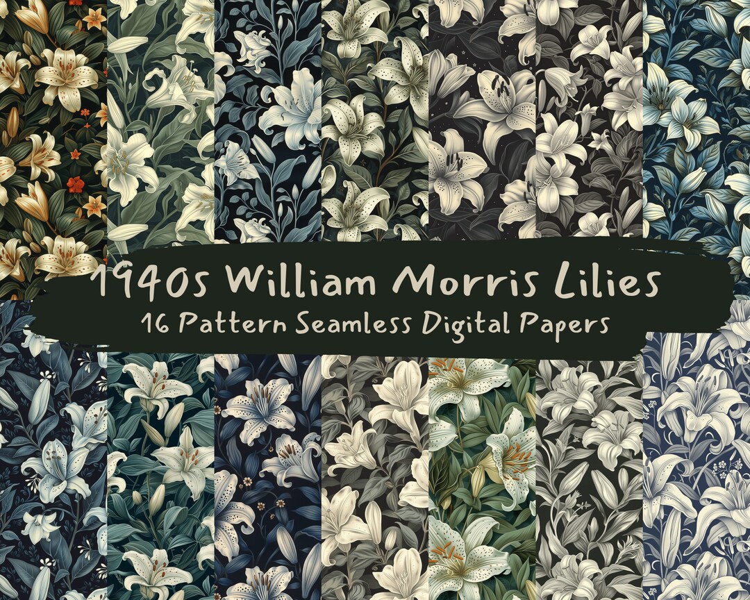 1940s William Morris Lilies Pattern Seamless Digital Papers - Printable ...