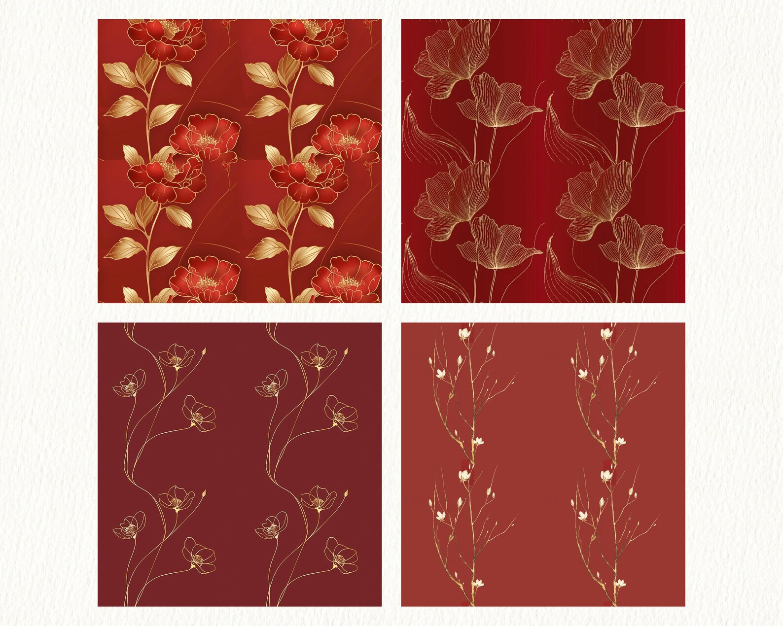 Chinese Line Flower Pattern Seamless Digital Papers - Printable ...