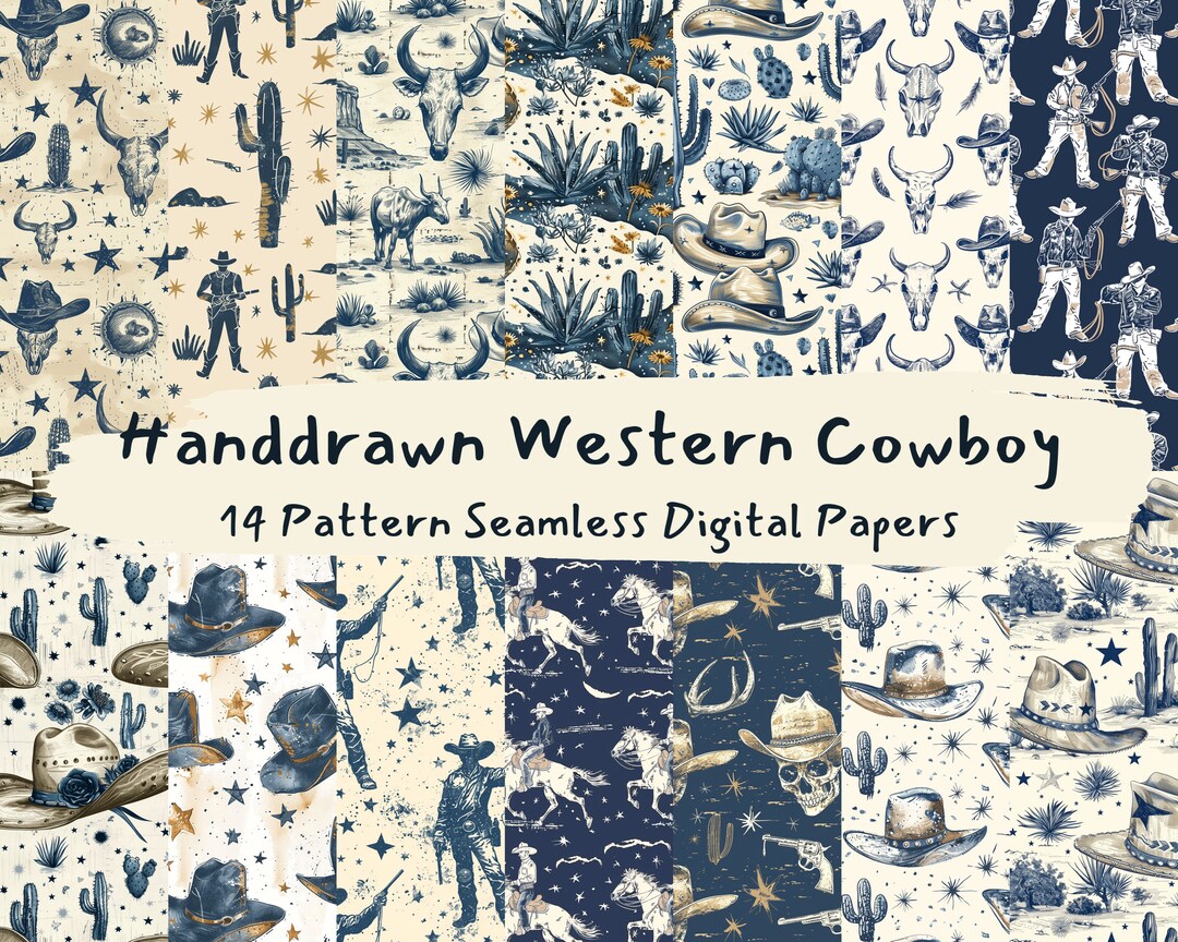 Handdrawn Western Cowboy Pattern Seamless Digital Papers - Printable ...