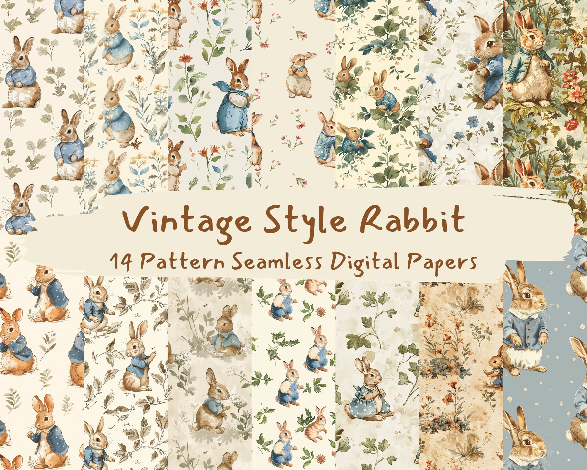 Vintage Style Rabbit Pattern Seamless Digital Papers Printable ...