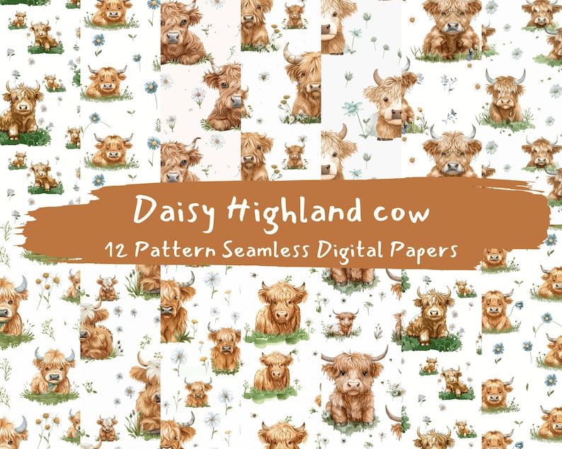 Daisy Highland Cow Pattern Seamless Digital Papers Printable Scrapbook ...