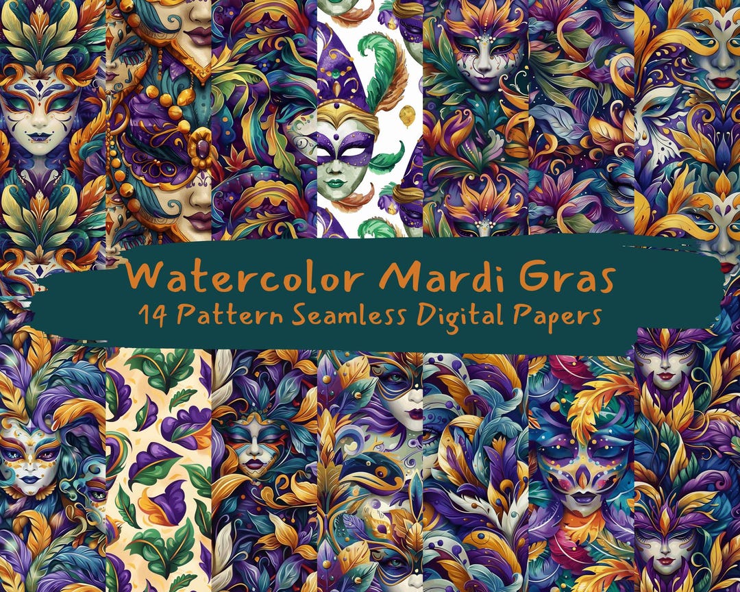 Watercolor Mardi Gras Pattern Seamless Digital Papers - Printable ...