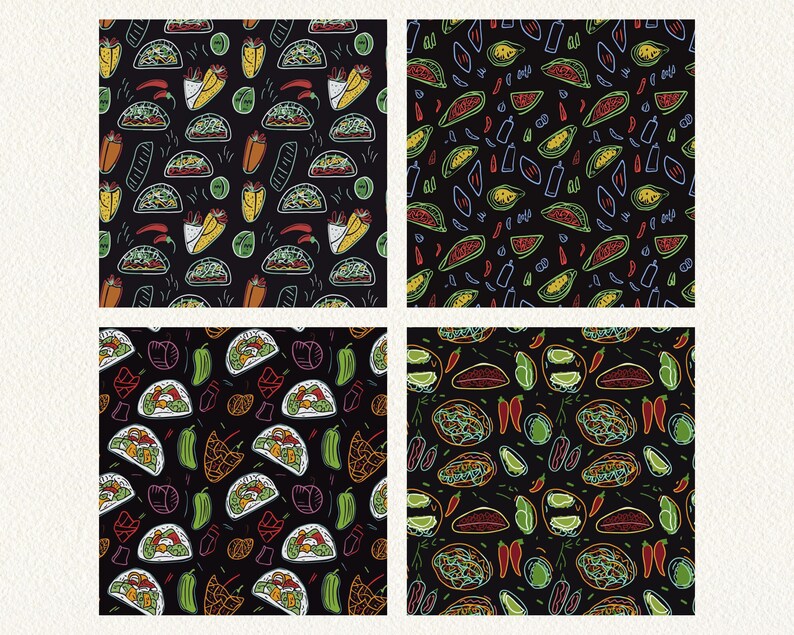 Mexican Taco Neon Food Pattern Seamless Digital Papers - Printable ...