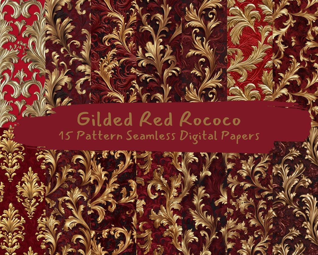 Gilded Red Rococo Pattern Seamless Digital Papers - Printable Scrapbook ...