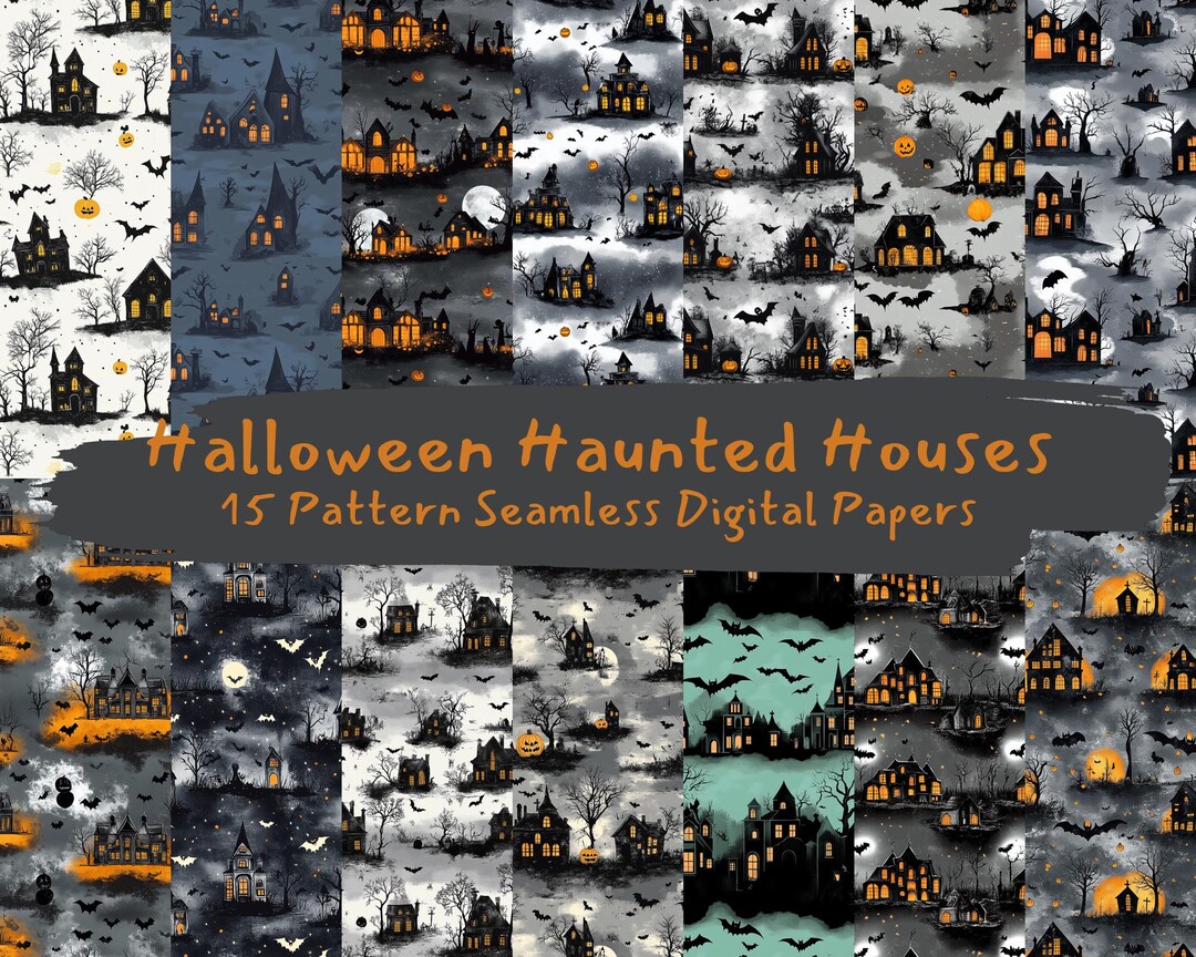 Halloween Haunted Houses Pattern Seamless Digital Papers - Printable ...