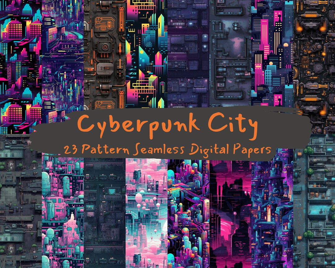 Cyberpunk City Pattern Seamless Digital Papers - Tile Patterns ...