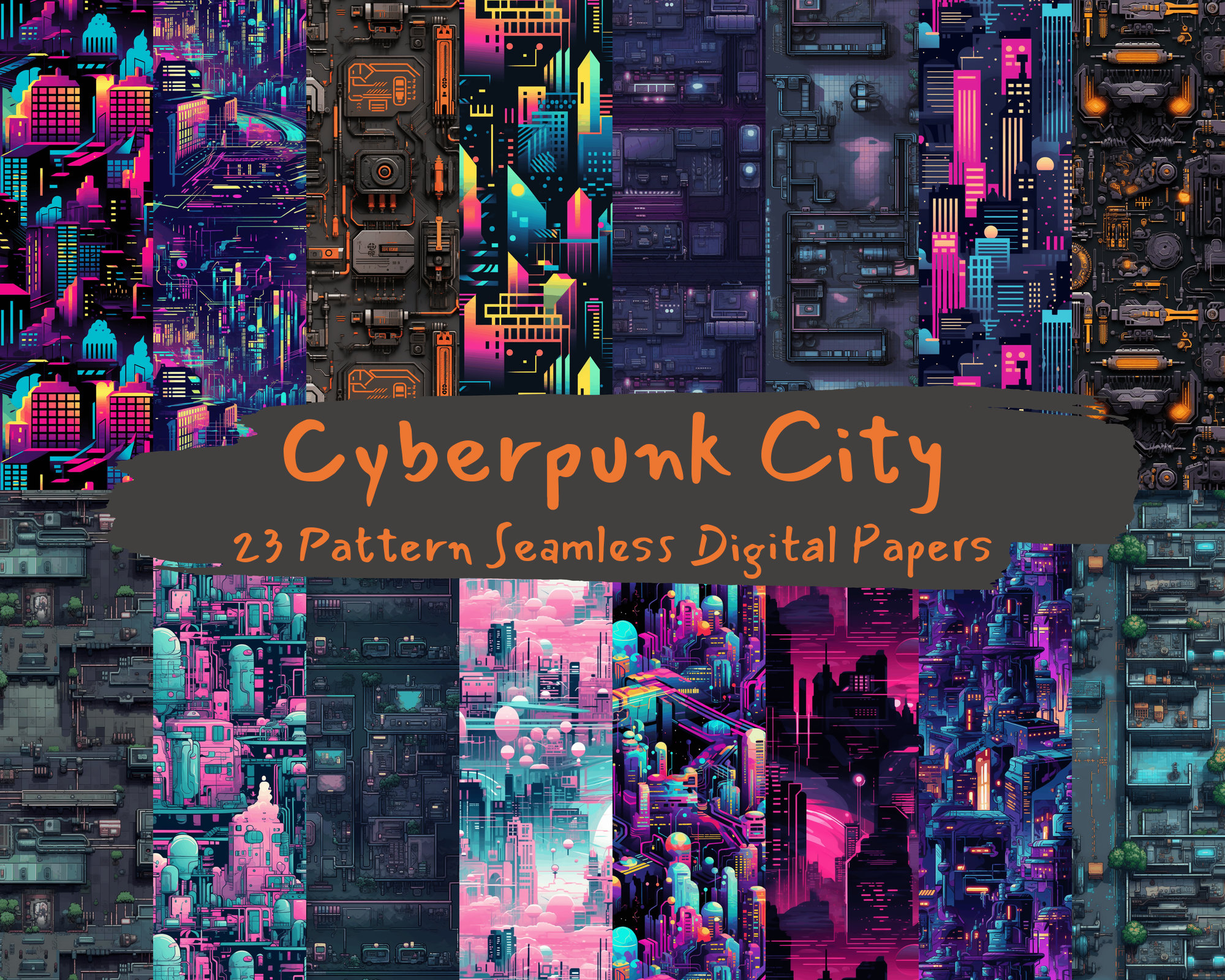 Cyberpunk City Pattern Seamless Digital Papers Tile Patterns Printable ...