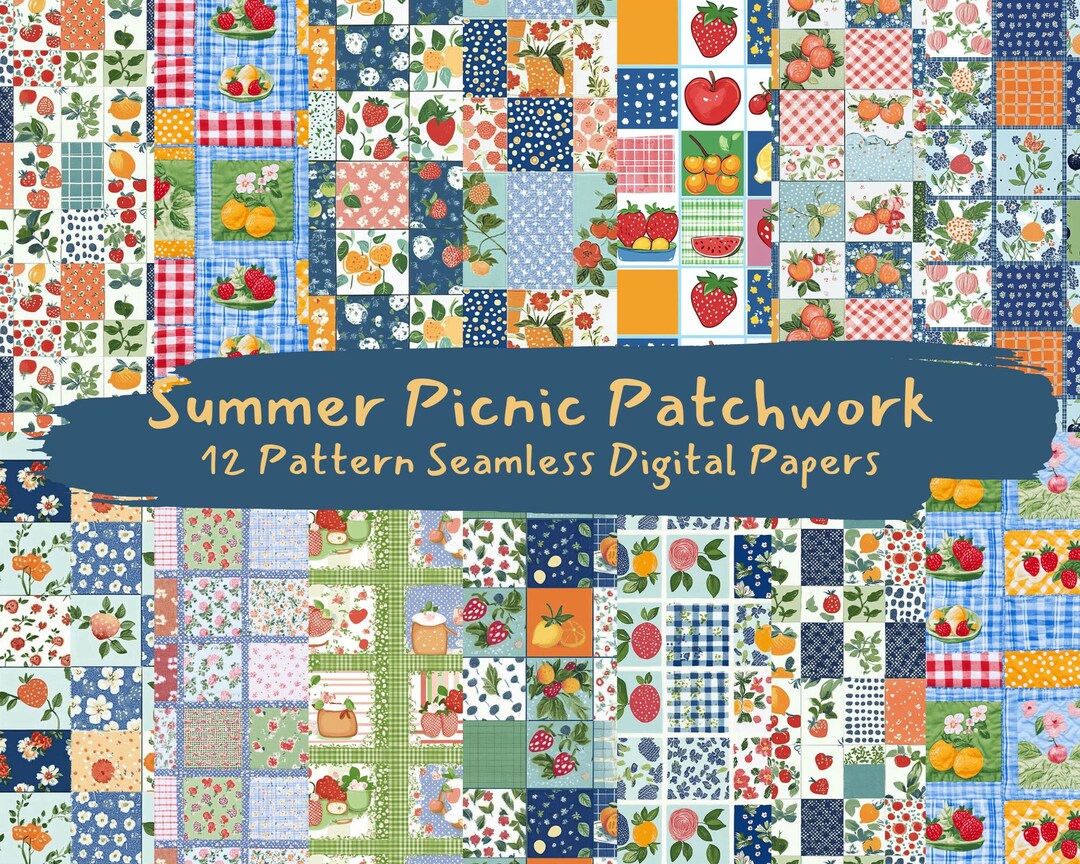 Summer Picnic Patchwork Pattern Seamless Digital Papers - Printable Scrapbook Paper Png Instant ...