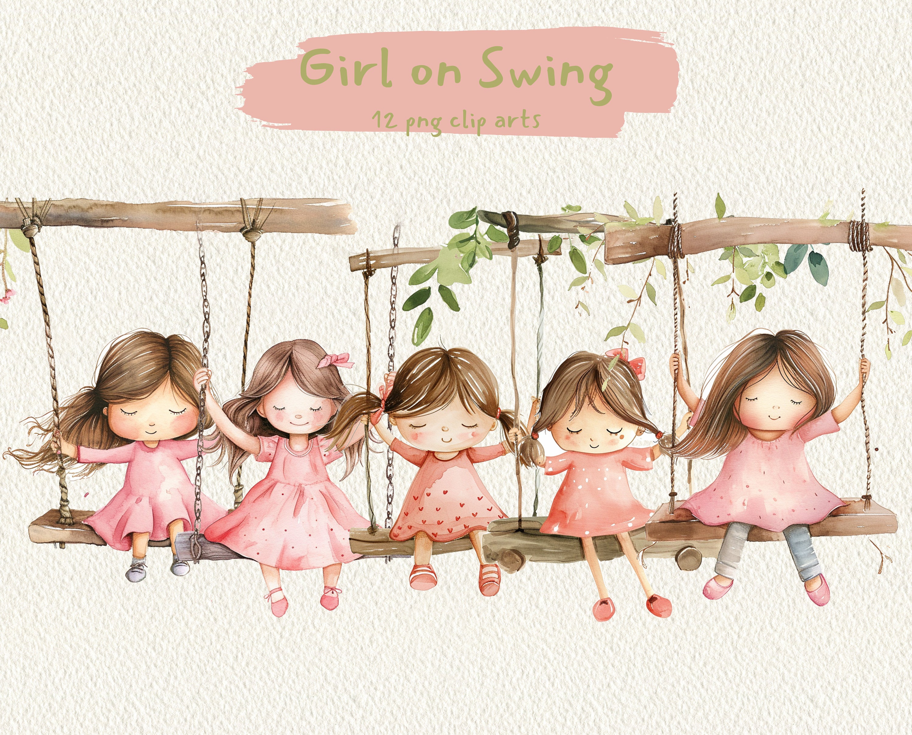 Girl on Swing Digital Printable Clipart Bundle in PNG Format ...