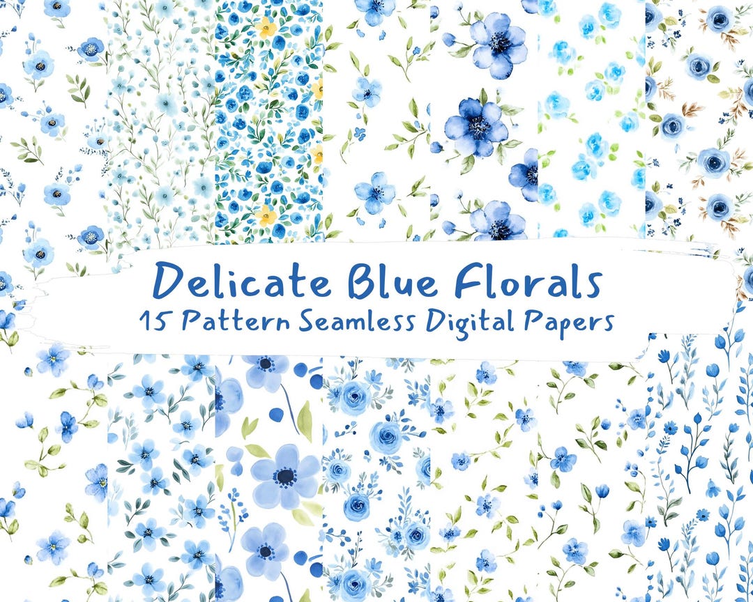 Delicate Blue Florals Pattern Seamless Digital Papers - Printable ...
