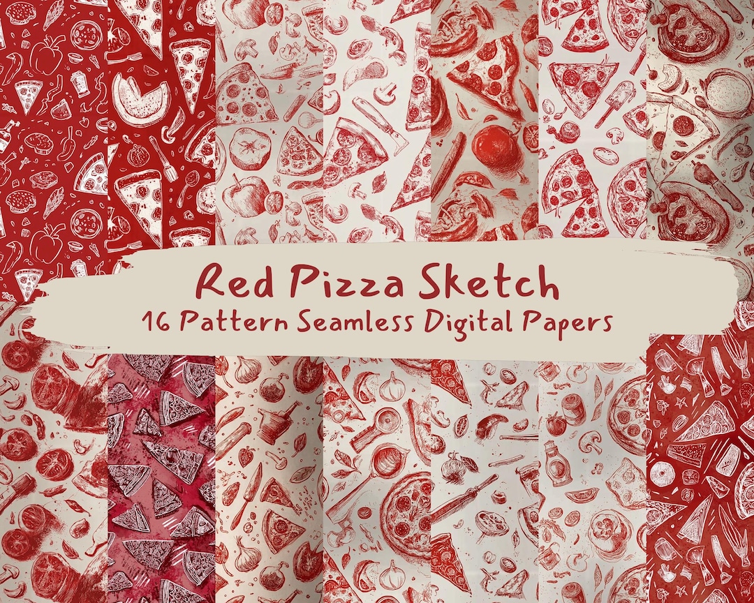 Red Pizza Sketch Pattern Seamless Digital Papers - Printable Scrapbook ...