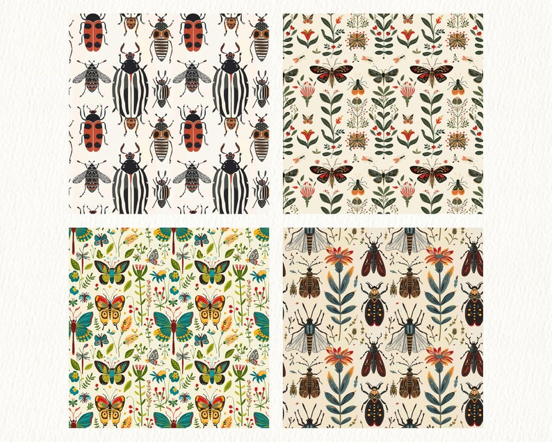 Folk Insects Pattern Seamless Digital Papers - Printable Scrapbook ...