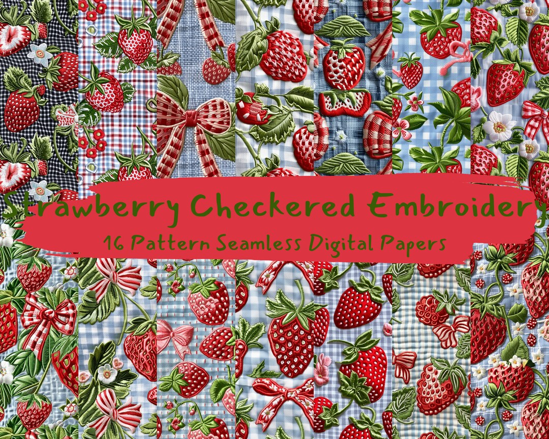Strawberry Checkered Embroidery Pattern Seamless Digital Papers ...
