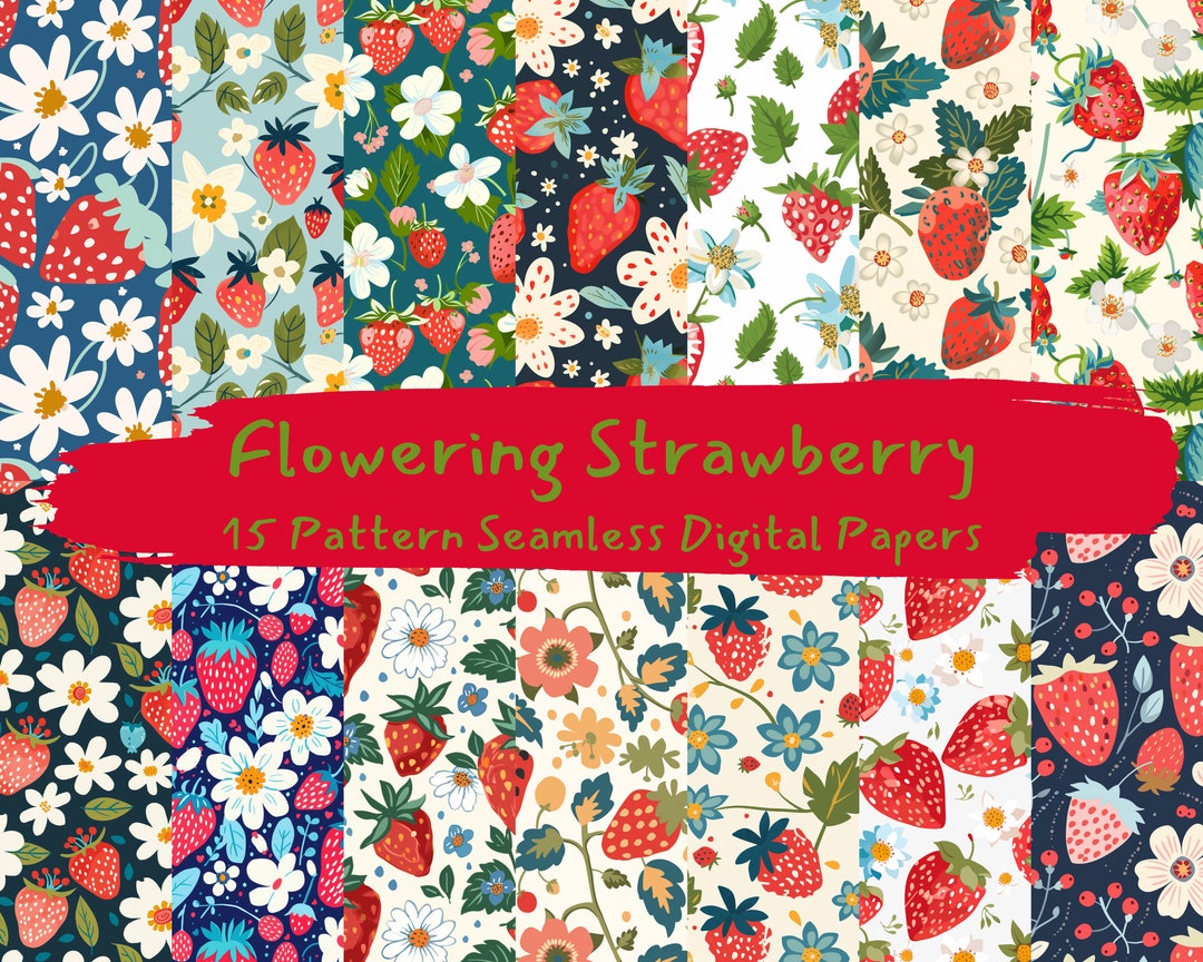 Flowering Strawberry Pattern Seamless Digital Papers - Printable ...