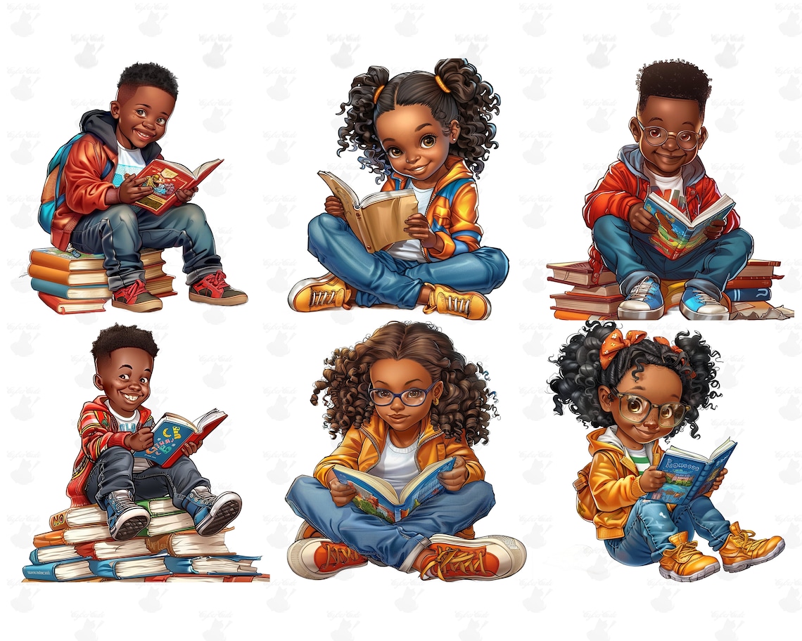 Black Kids Reading Printable Clipart, Png Format, Transparent ...