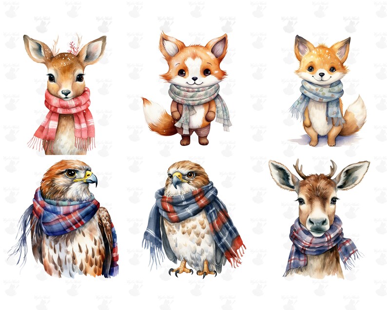 Cute Animals Scarf, Winter, Fall, Autumn, Digital Printable Clip Art ...
