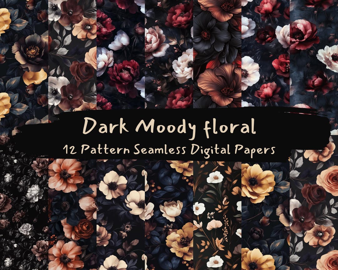Dark Moody Floral Pattern Seamless Digital Papers - Printable Scrapbook ...