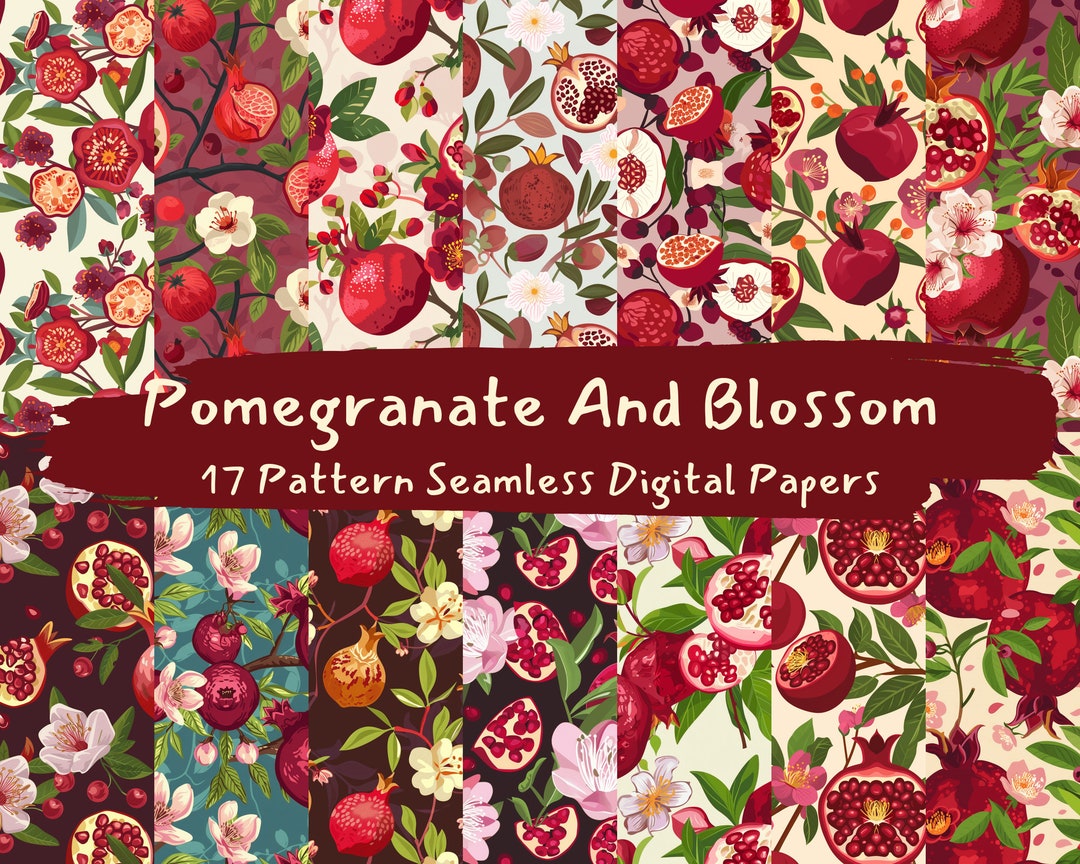 Pomegranate and Blossom Pattern Seamless Digital Papers - Printable ...