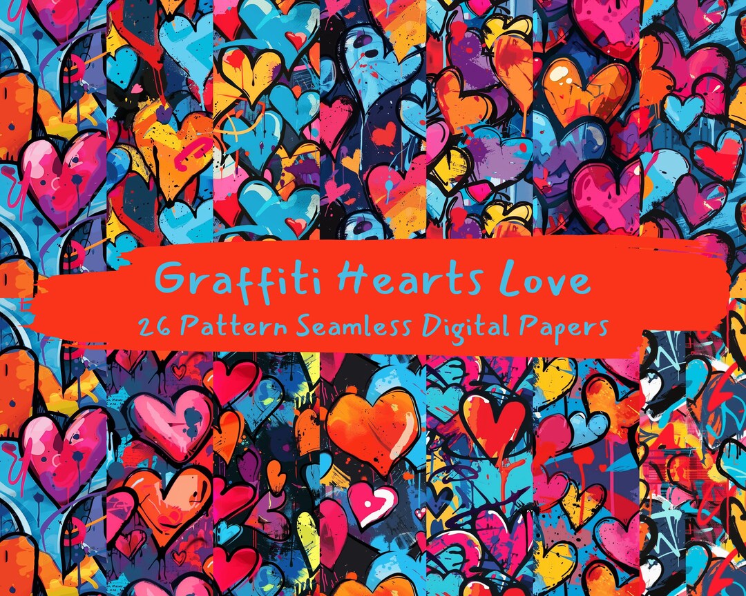 Graffiti Hearts Love Pattern Seamless Digital Papers - Printable ...