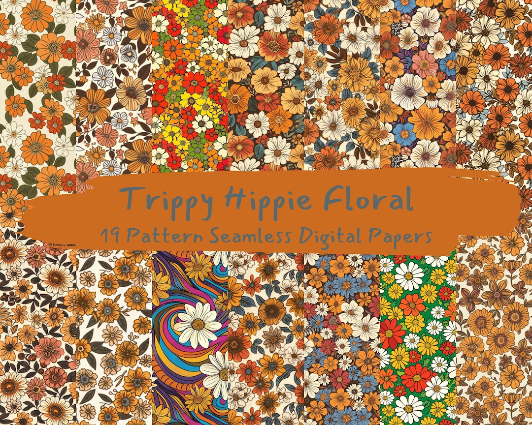 Trippy Hippie Floral Pattern Seamless Digital Papers - Printable ...