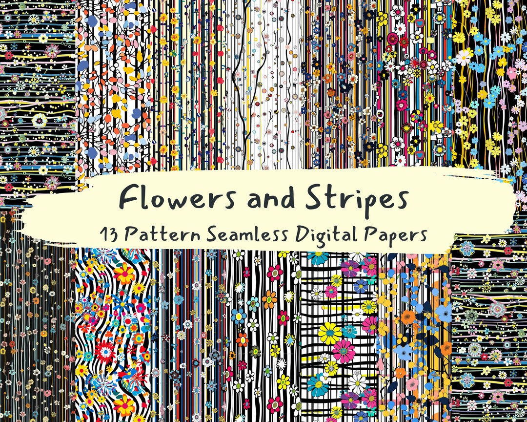 Flowers and Stripes Pattern Seamless Digital Papers - Printable ...