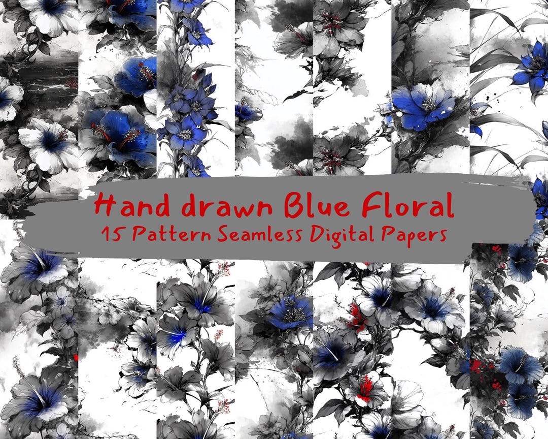 Hand Drawn Blue Floral Pattern Seamless Digital Papers - Printable ...