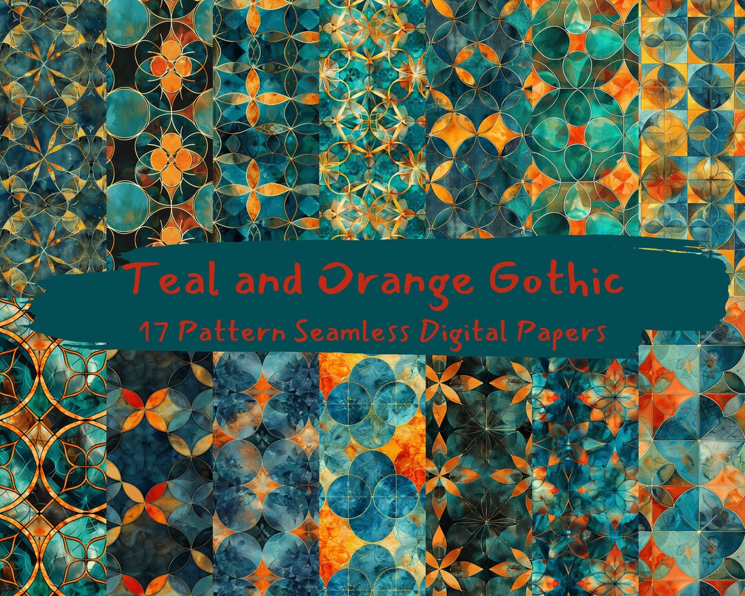 Teal and Orange Gothic Pattern Seamless Digital Papers - Printable ...