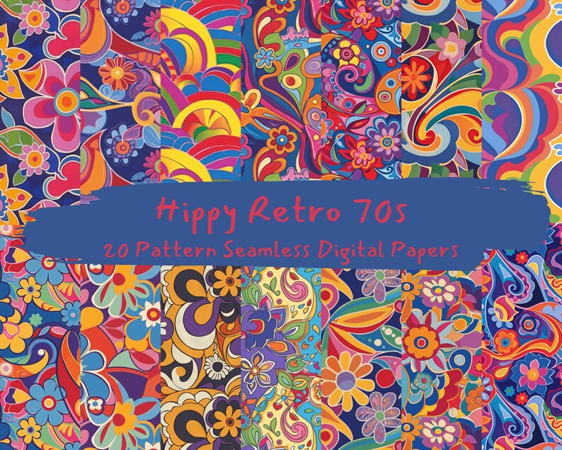 Hippy Retro 70s Pattern Seamless Digital Papers Printable Scrapbook ...