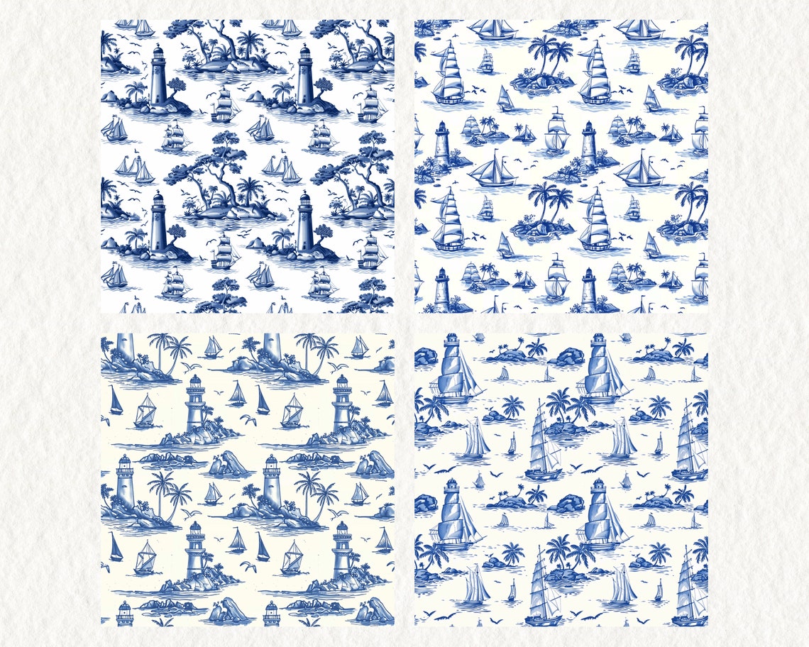 Nautical Toile Pattern Seamless Digital Papers - Printable Scrapbook ...